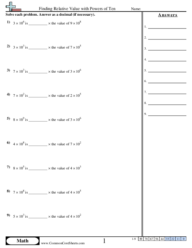 Finding Relative Value with Powers of Ten Worksheet Download