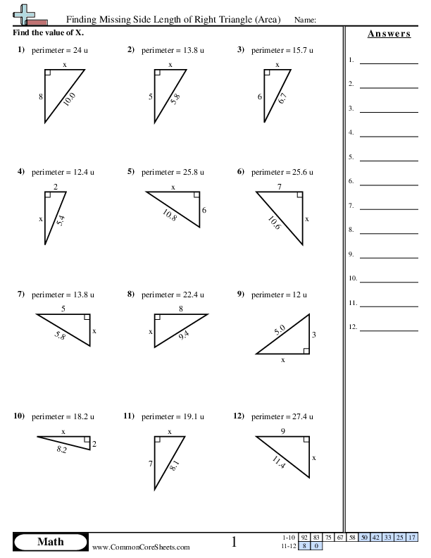 Finding Missing Side Length of Right Triangle (Area) Worksheet Download