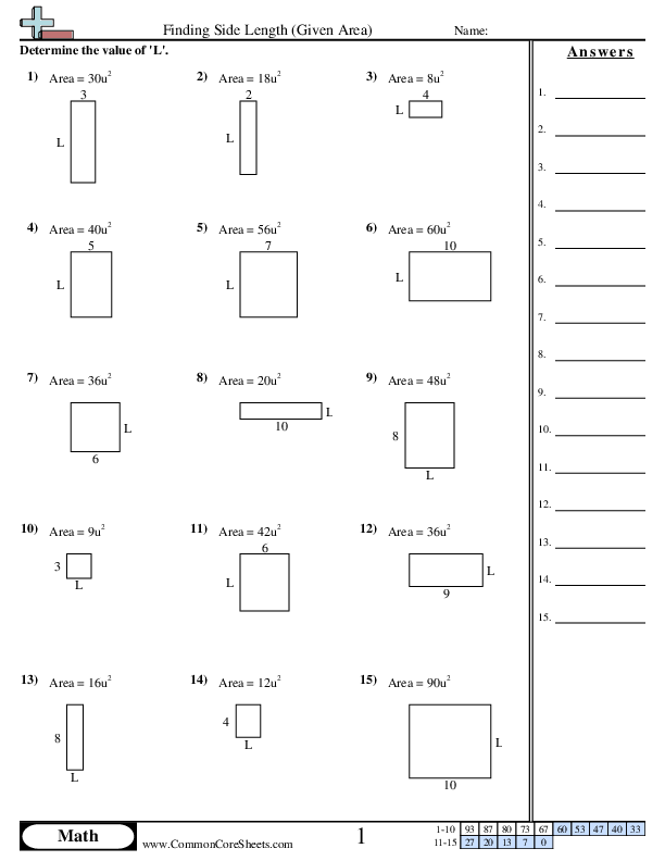 Missing Side (Area) E Worksheet Download