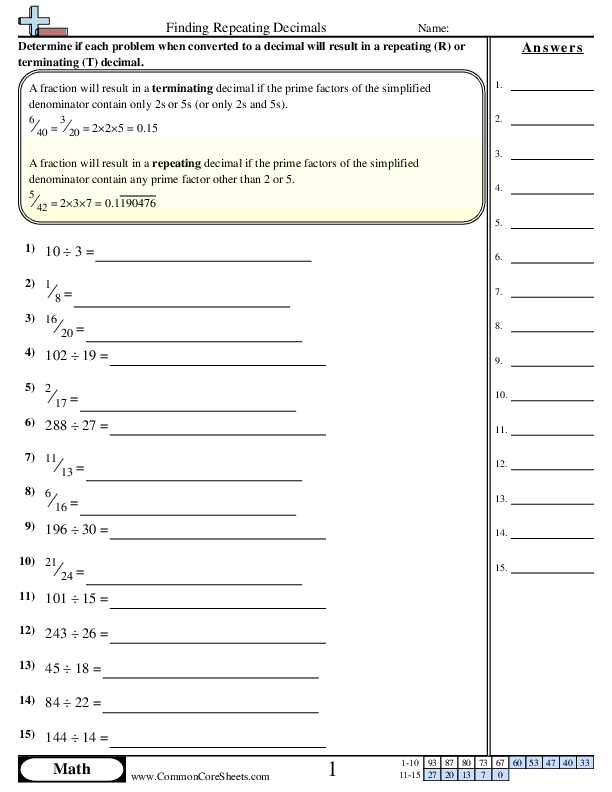 Finding Repeating Decimals Worksheet Download