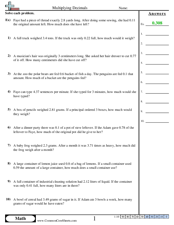 Multiplying Decimals (word) Worksheet Download