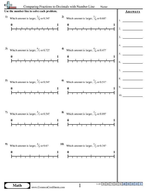 Comparing Fractions to Decimals with Number Line Worksheet Download