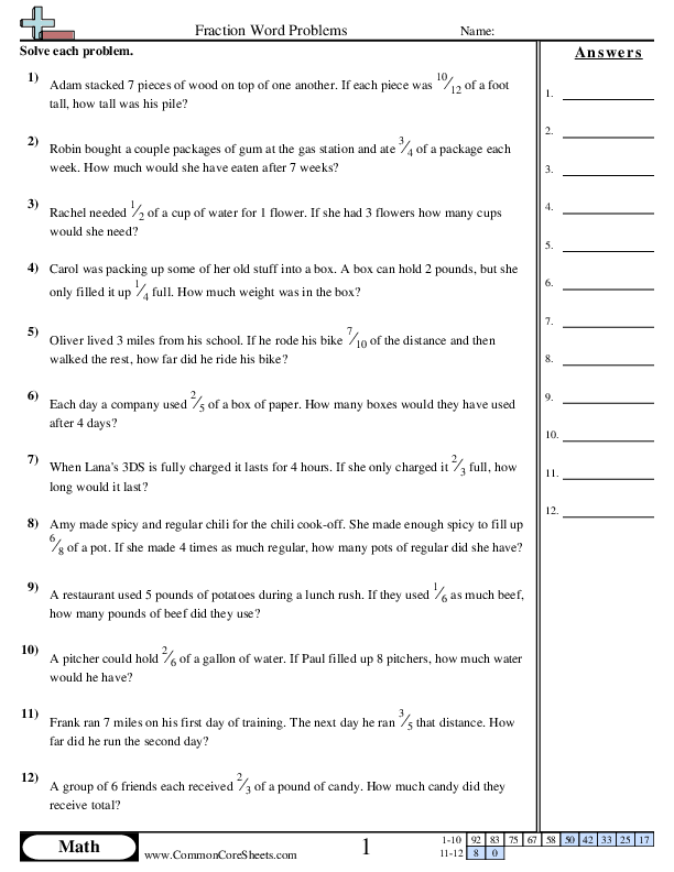 Multiplying Fraction by a whole (word) Worksheet Download