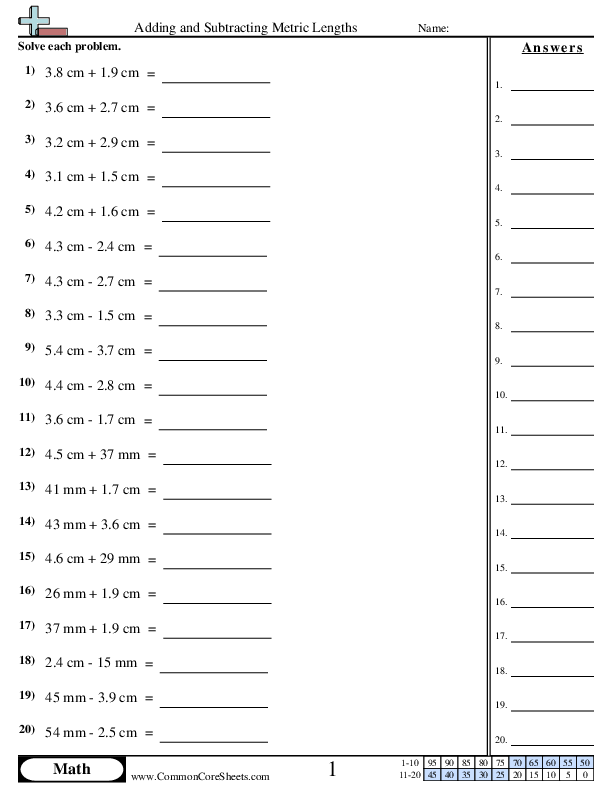 Adding and Subtracting Metric Lengths Worksheet Download