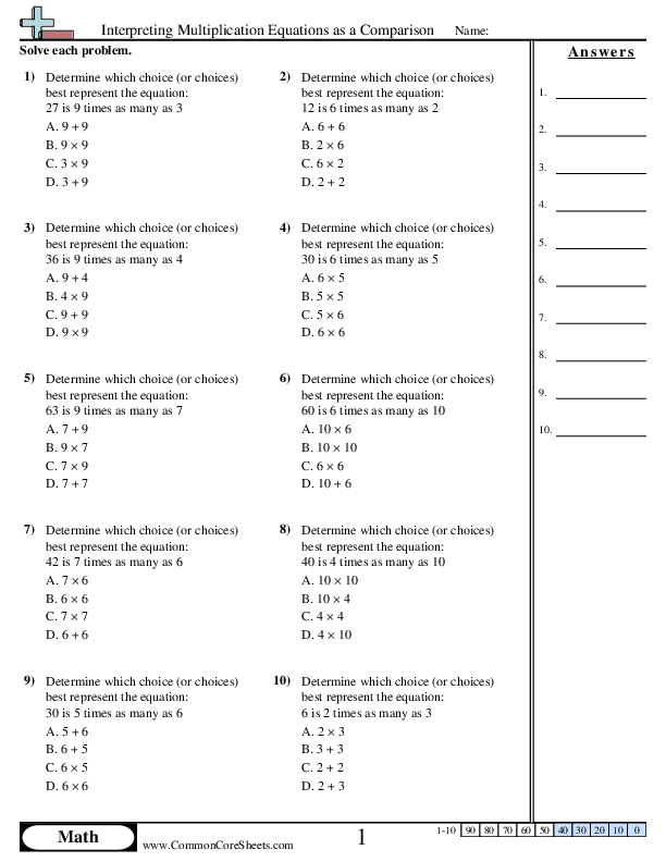Interpreting Multiplication Equations as a Comparison Worksheet Download