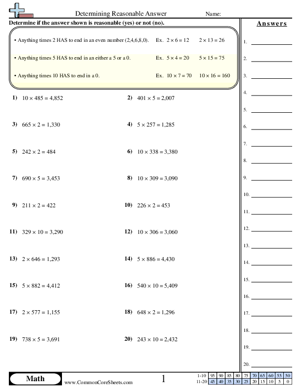 Determining Reasonable Answers (2, 5, 10) Worksheet Download