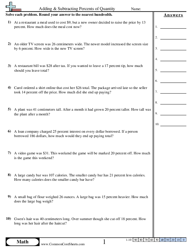Adding and Subtracting Percents of a Quantity Worksheet Download