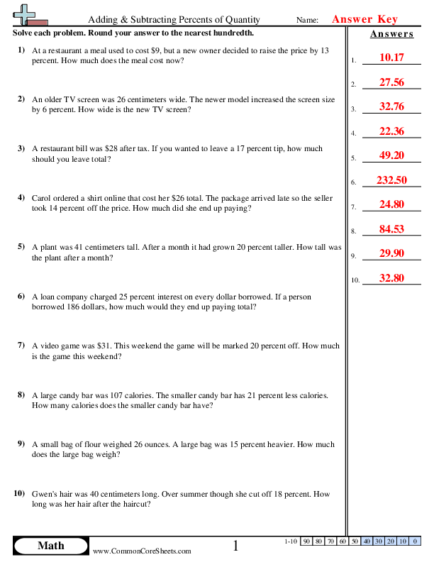 percents of quantity Worksheets