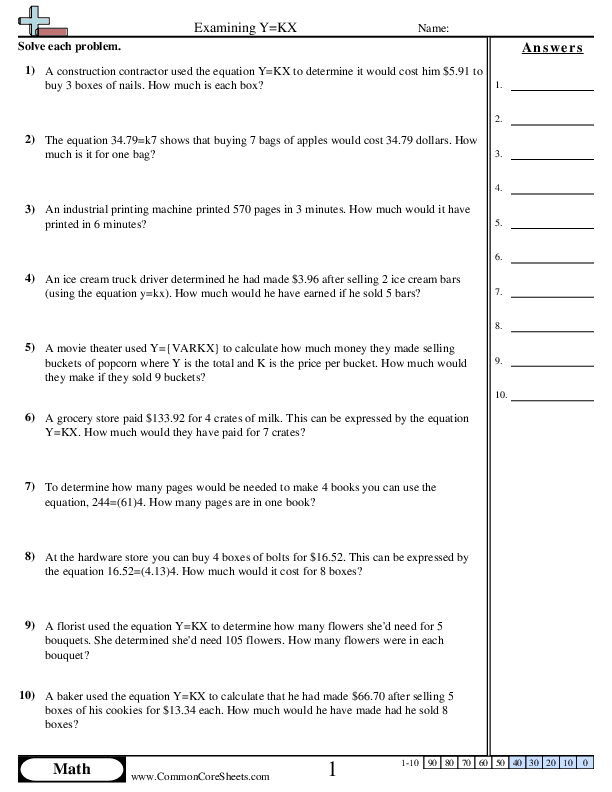 Examining Y=KX Worksheet Download