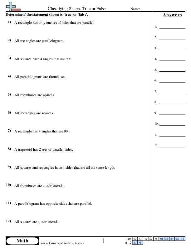 Classifying Shapes True or False Worksheet Download