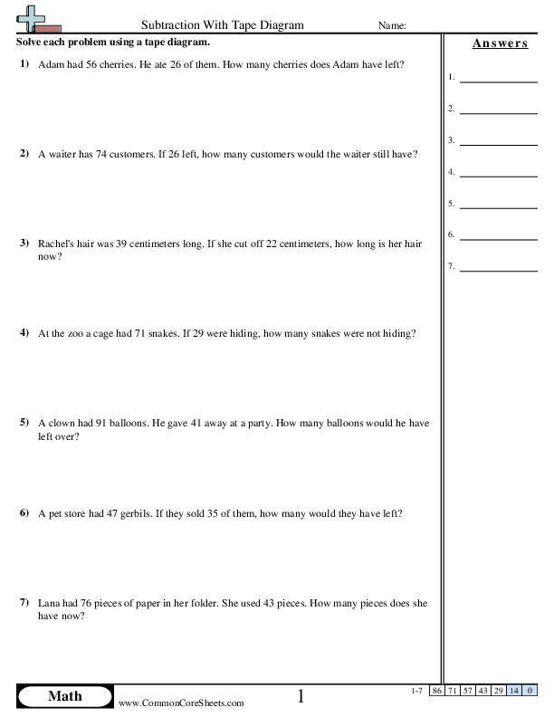 Subtraction With Tape Diagram Worksheet Download