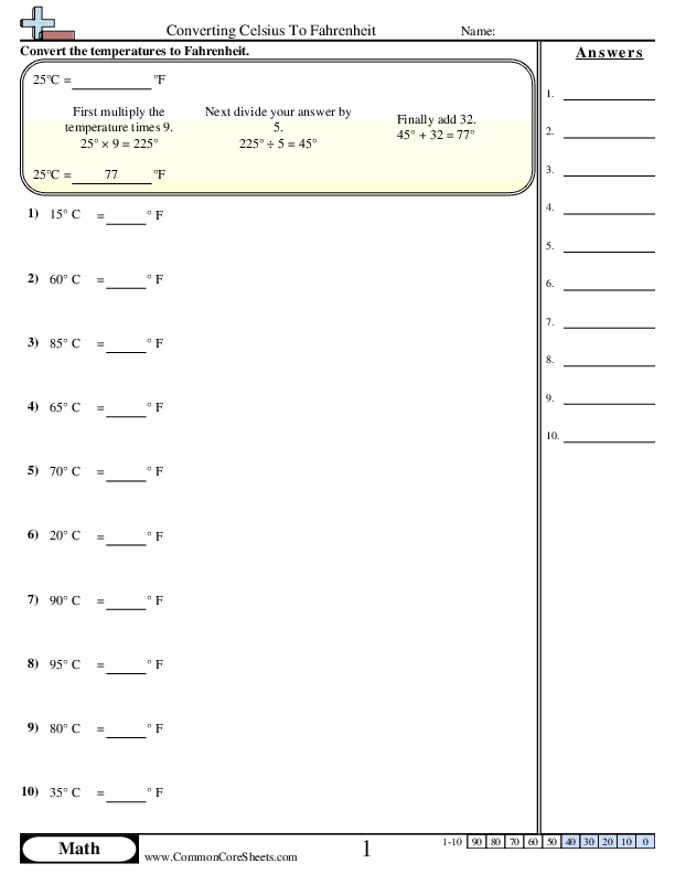 Celsius to Fahrenheit Worksheet Download