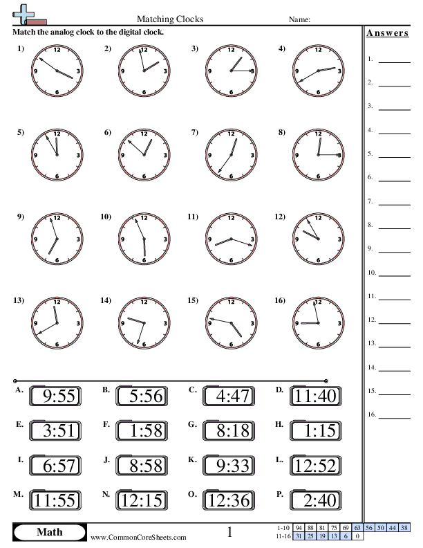 Matching Clocks (1 Minute Increments) Worksheet Download